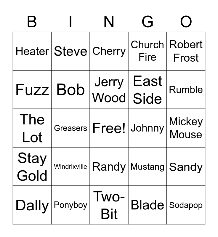 The Outsiders Bingo Card