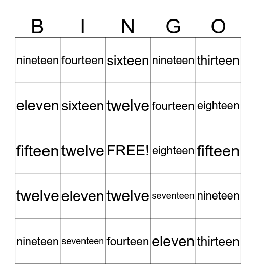 Teen Number Words Bingo Card