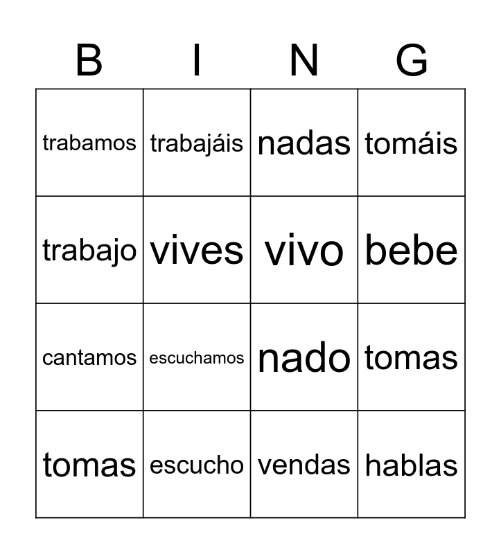 Present tense verb Bingo Card