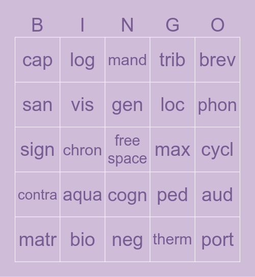 Greek and Latin Roots Bingo Card