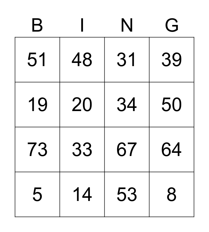 Number Bingo 1-20 Bingo Card