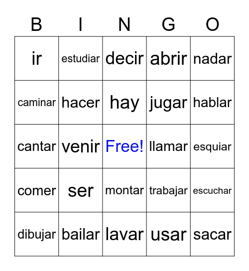 Spanish Verb Review 1 Bingo Card
