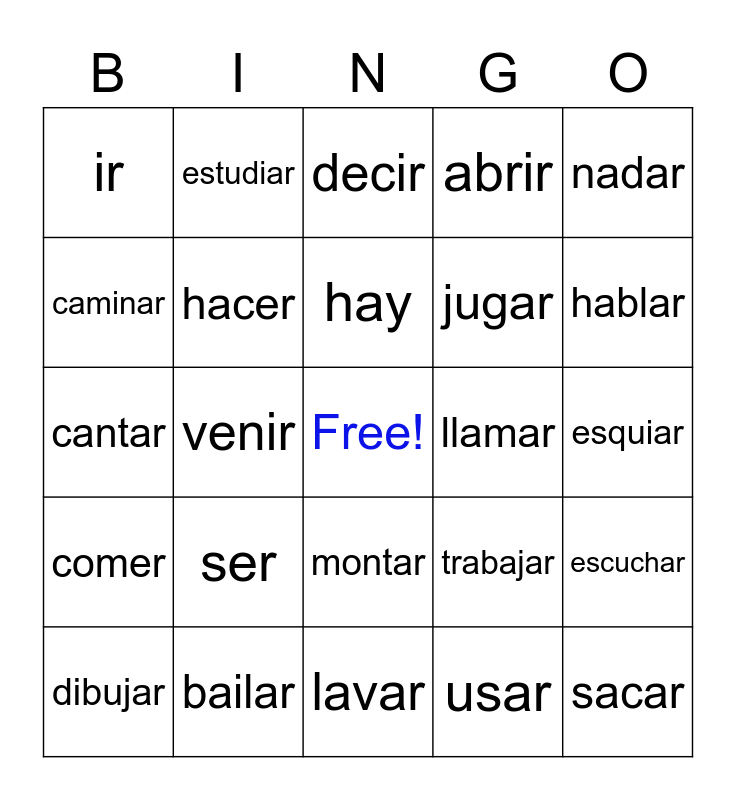 Spanish Verb Review 1 Bingo Card