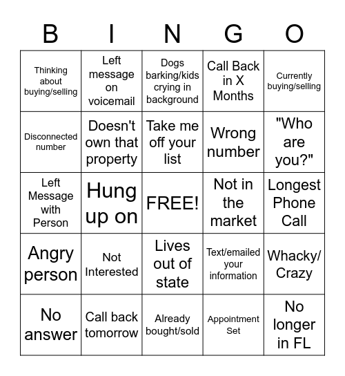 Cold Call Bingo Card