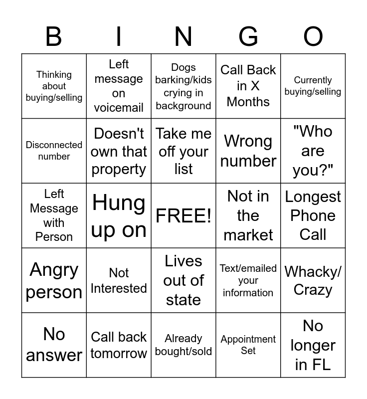 Cold Call Bingo Card