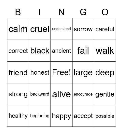 Antonyms/Opposite Words Bingo Card