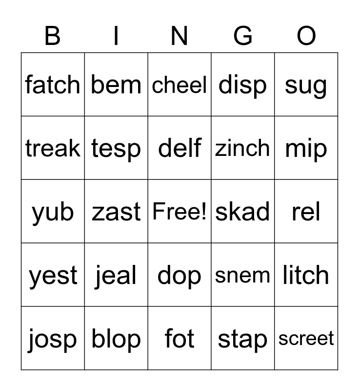 Silly words Bingo Card