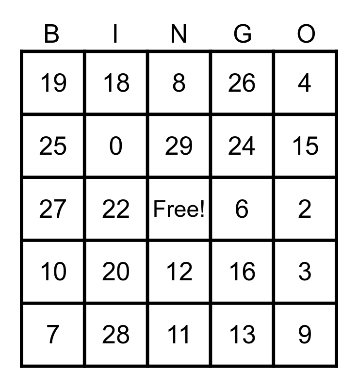 Numbers 0-30 Bingo Card