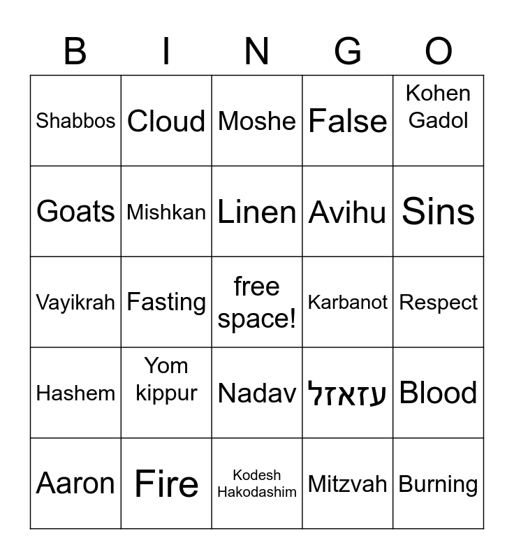Parshat Acharei Mot Bingo Card