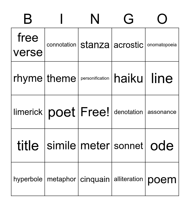 Poetry Bingo Card