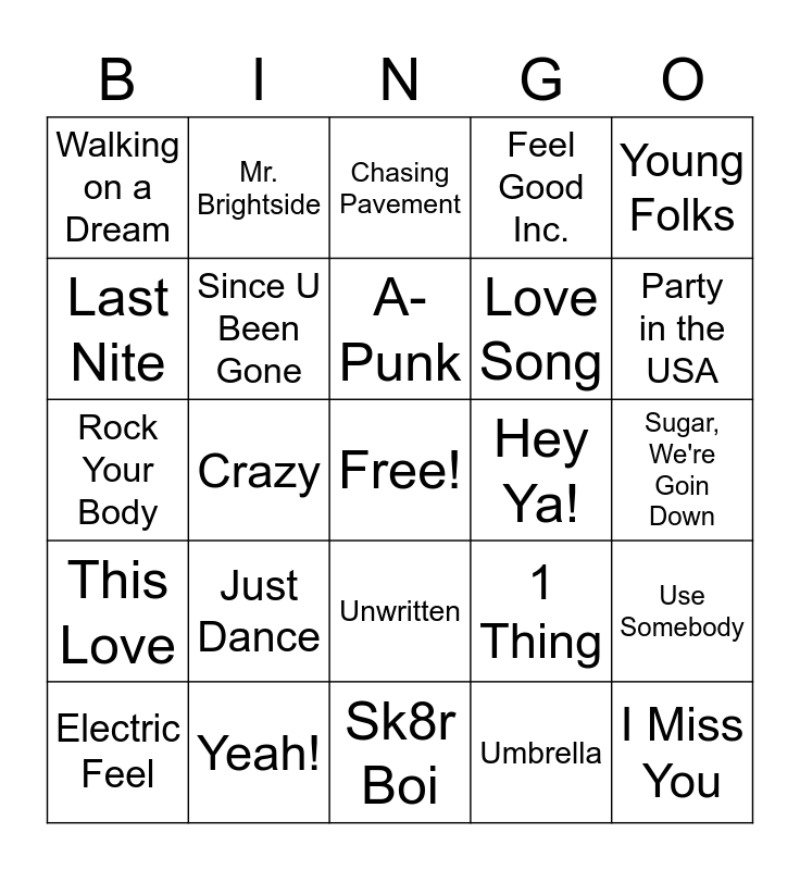2000s Music Bingo Card