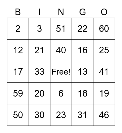Les nombres de 20 à 60 Bingo Card