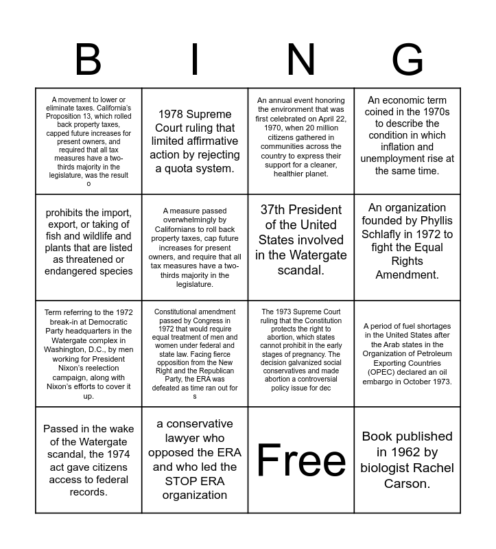 APUSH Chapter 29: 1970s Bingo Card