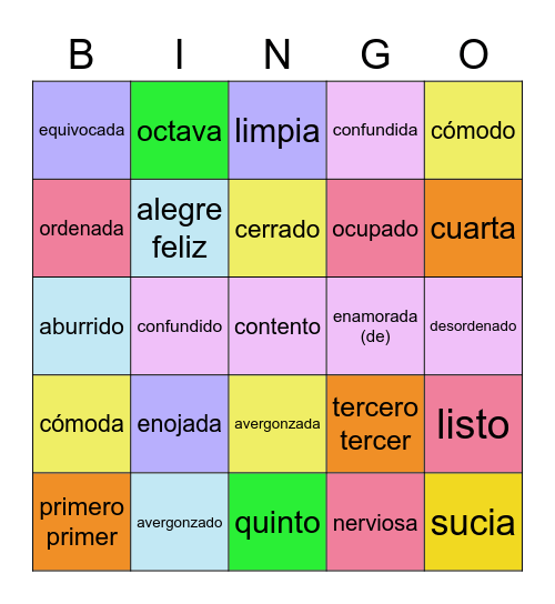 Adjetivos con "estar" / números ordinales Bingo Card