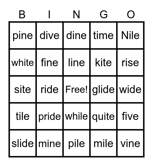 Long Vowel Silent -e Long i Bingo Card