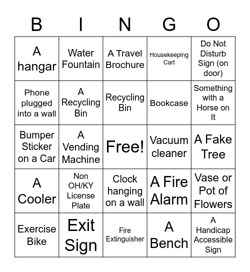 Hotel Scavenger Bingo Card
