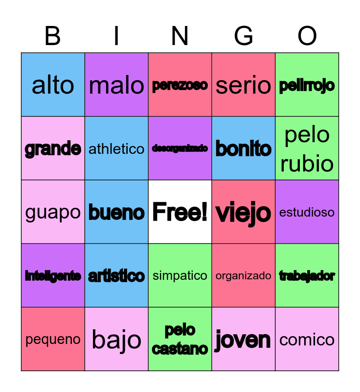 Describing Words Bingo Card Describing Words Bingo Card