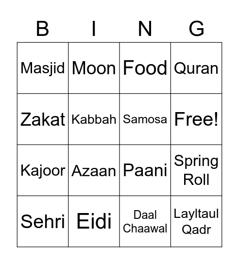 eid Bingo Card