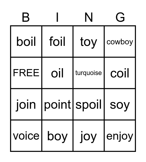 OI OY Word Bingo Card