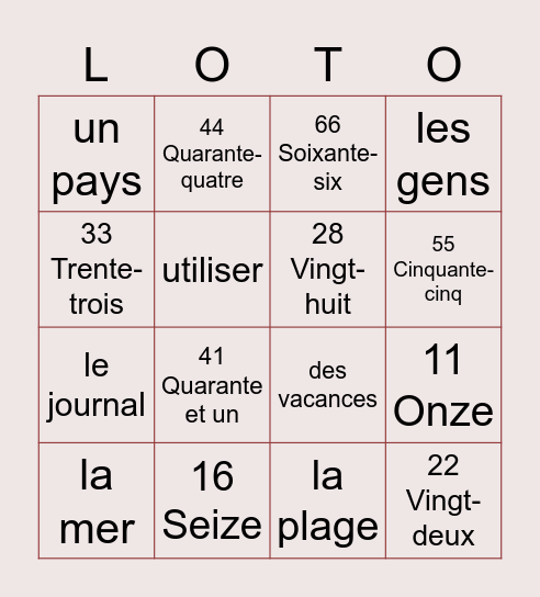 Les nombres Bingo Card