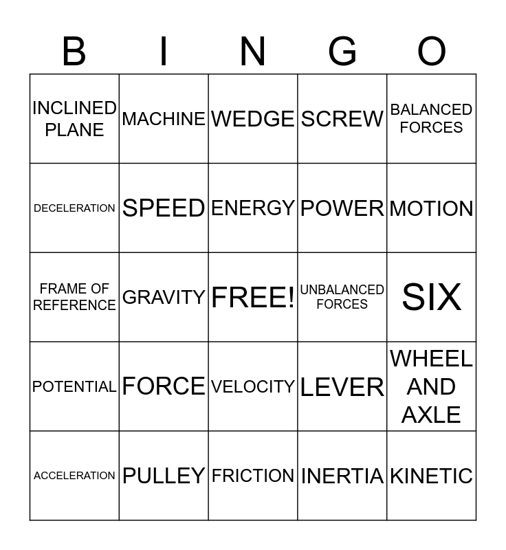 FORCE AND MOTION Bingo Card