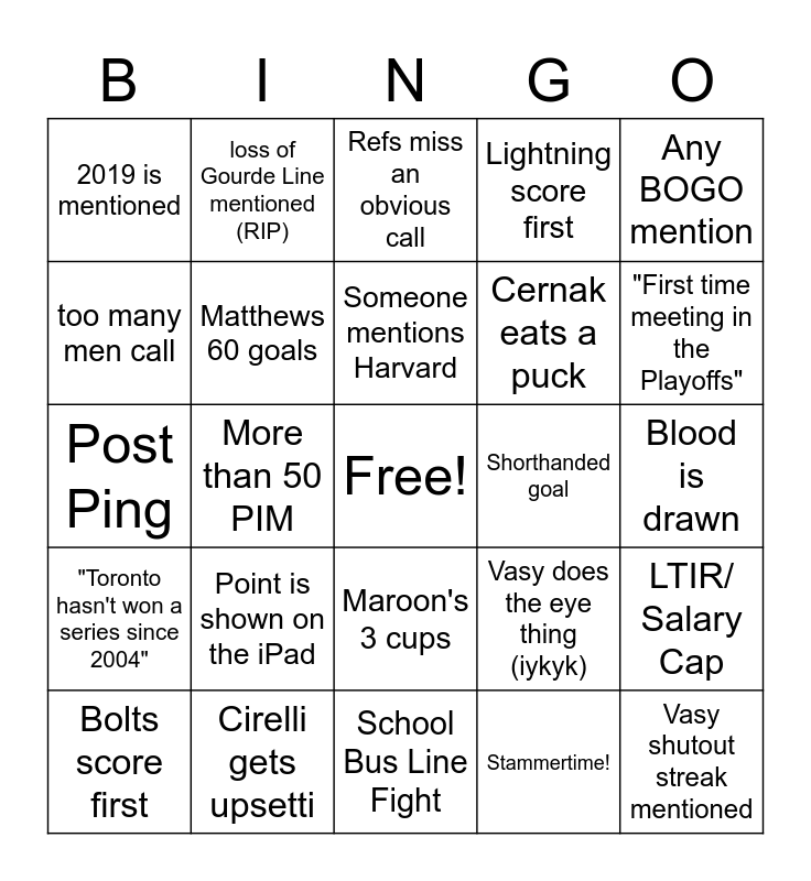 Lightning Vs. Leafs Playoff Bingo Card