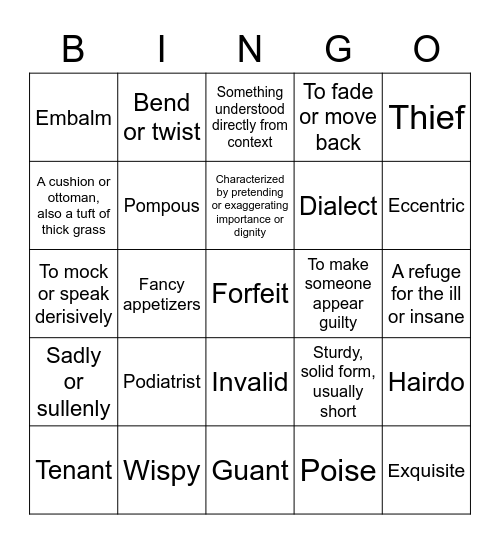 Westing Game 1-12 Vocabulary Bingo Card