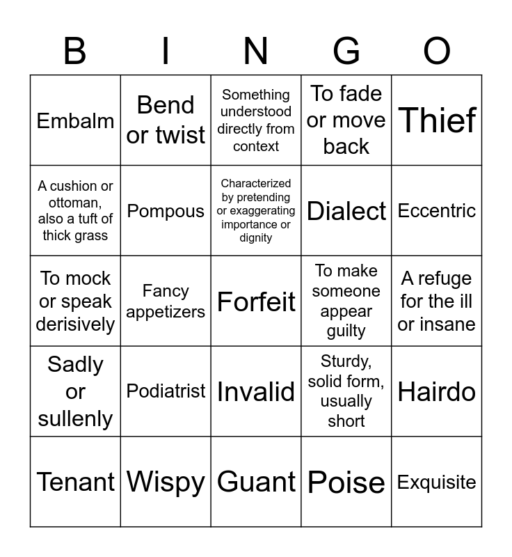 Westing Game 1-12 Vocabulary Bingo Card