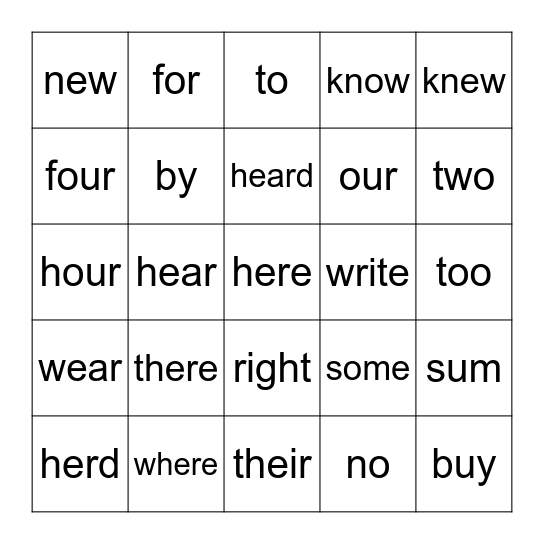 1st grade homonyms Bingo Card