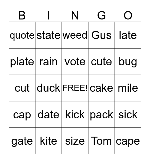 long vowel/short vowel bingo Card