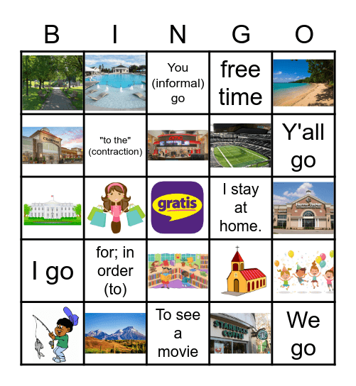 ¿Adónde vas? (Where are you going to?) Bingo Card