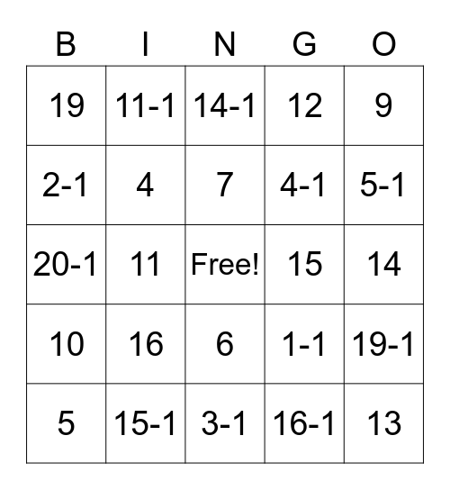 NUMBER ONE BINGO Card