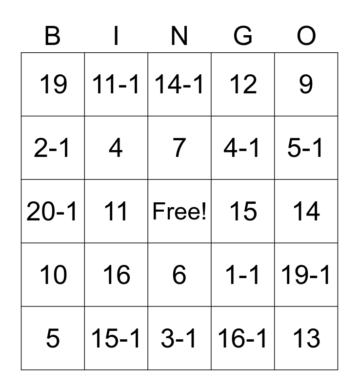 NUMBER ONE BINGO Card