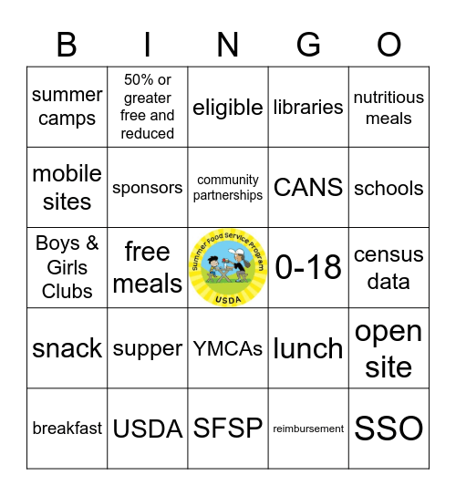Summer Food Service Program Bingo Card