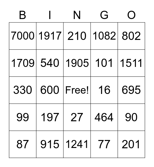 ESL Numbers Bingo Card