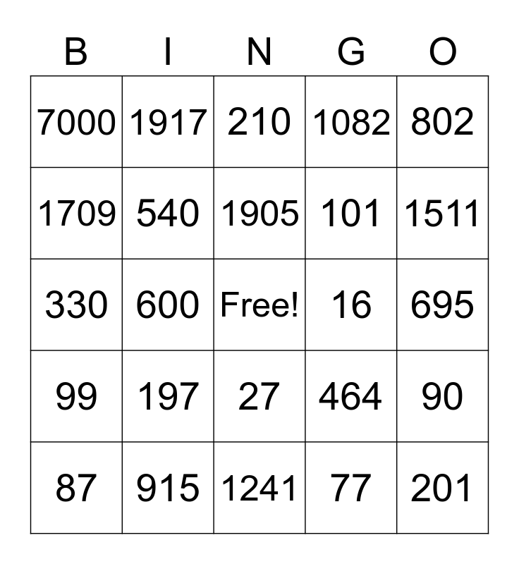 ESL Numbers Bingo Card