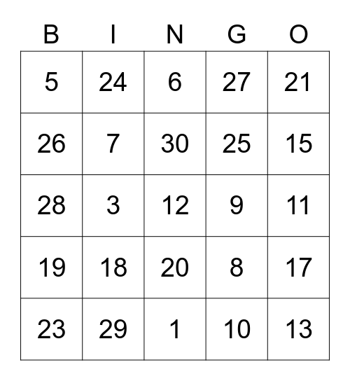 Counting to 31 Bingo Card