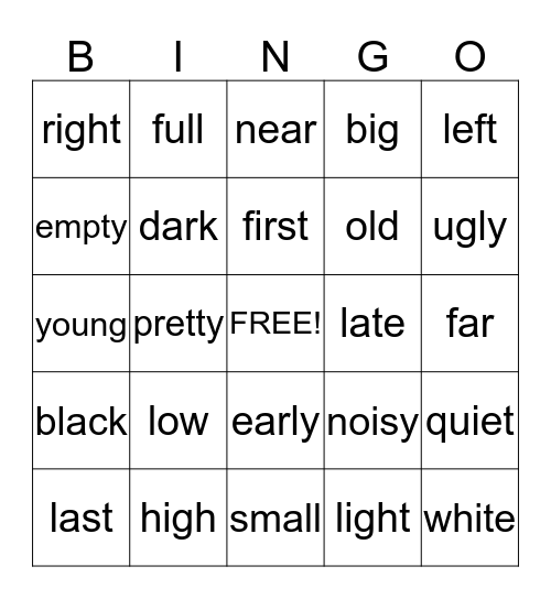 Opposite Adjective Bingo Card