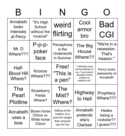 Percy Jackson Movie Bingo Card