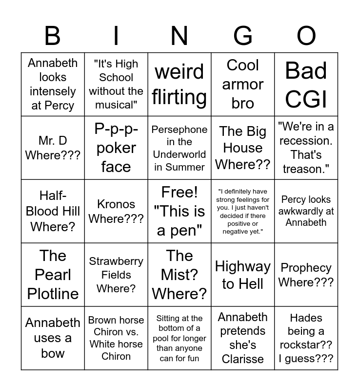 Percy Jackson Movie Bingo Card