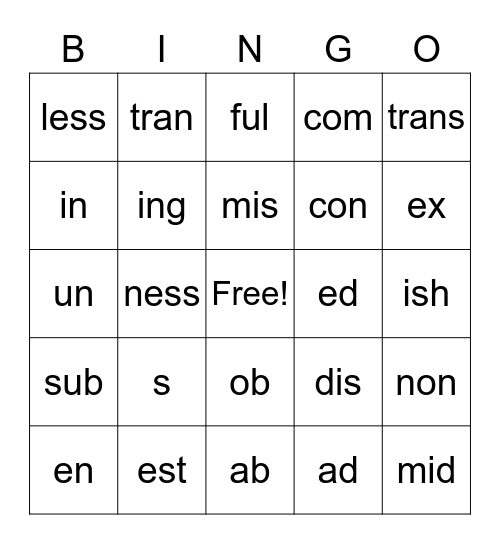 Closed Prefix & Syllable Suffix Bingo Card