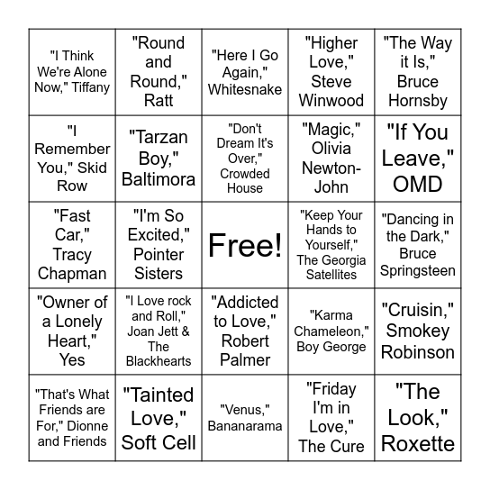 80's Bingo Card