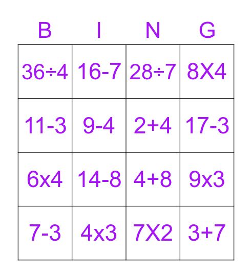 Word Problems Bingo Card