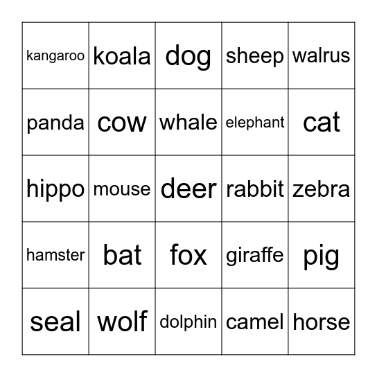 Mammals Bingo Card