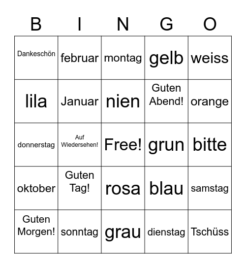 Beginning German Bingo Card