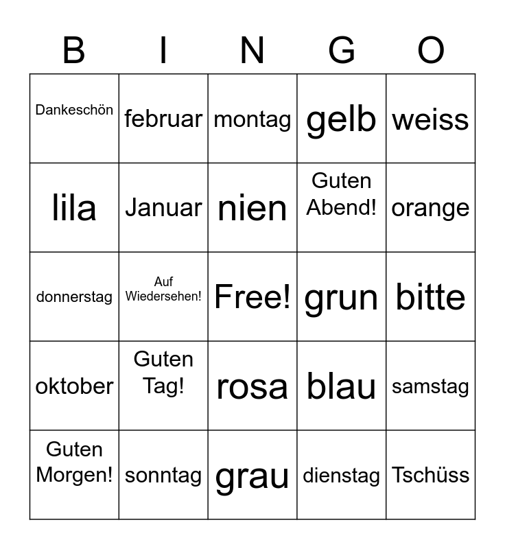 Beginning German Bingo Card