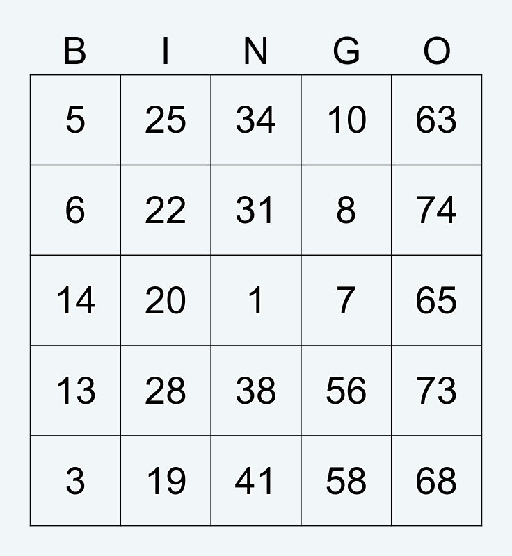 Number Bingo 1-75 Bingo Card
