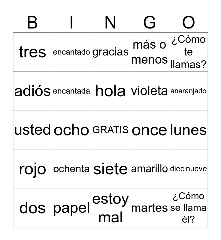 Spanish 1 Preliminary Bingo Card