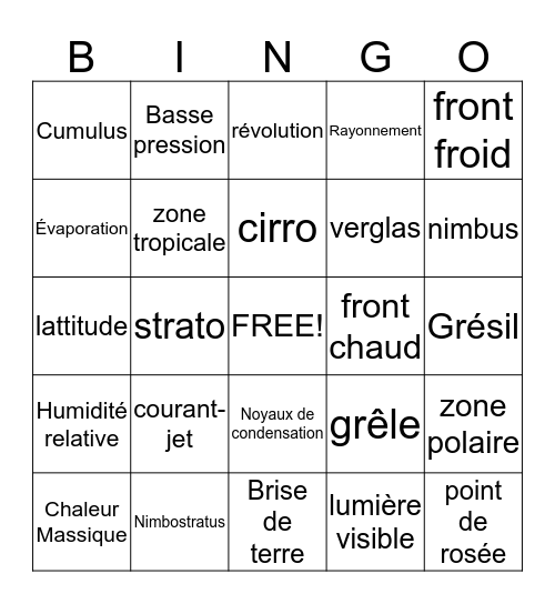 La météo Bingo Card
