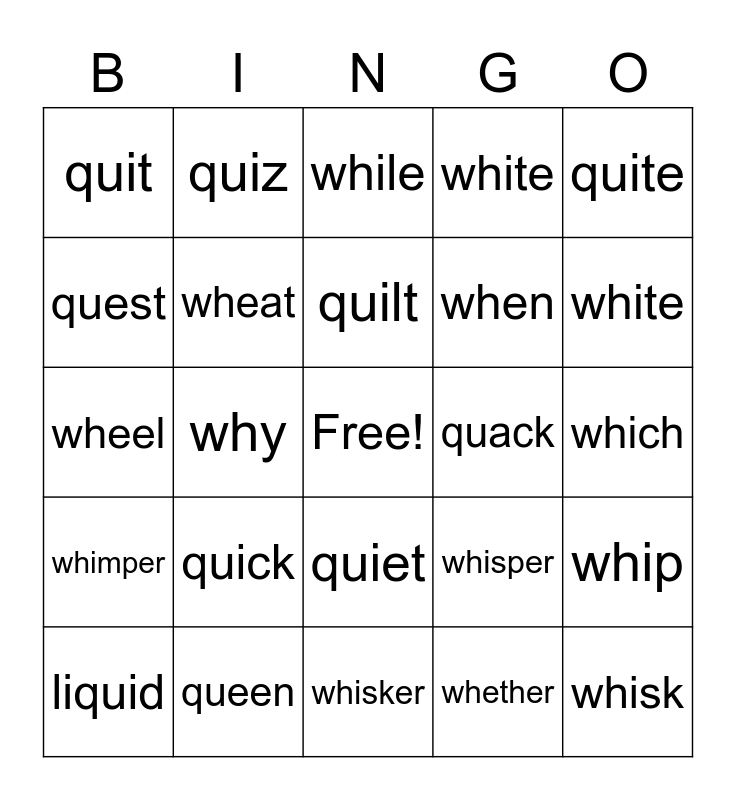 Group 5 "qu" and "wh" words Bingo Card